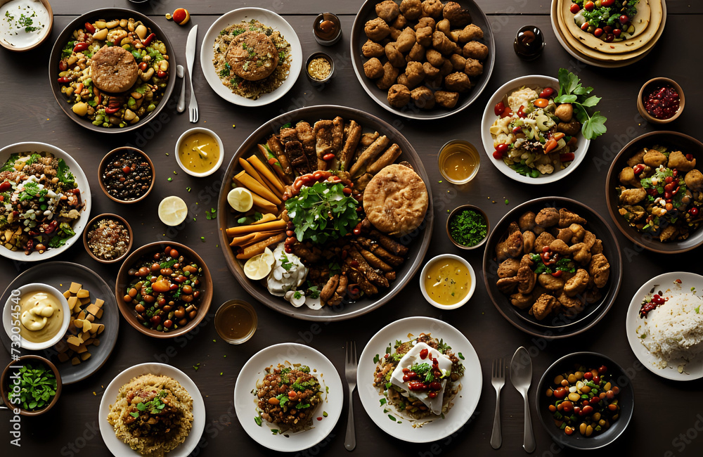 A view of a vibrant dining table with full of different types of ...
