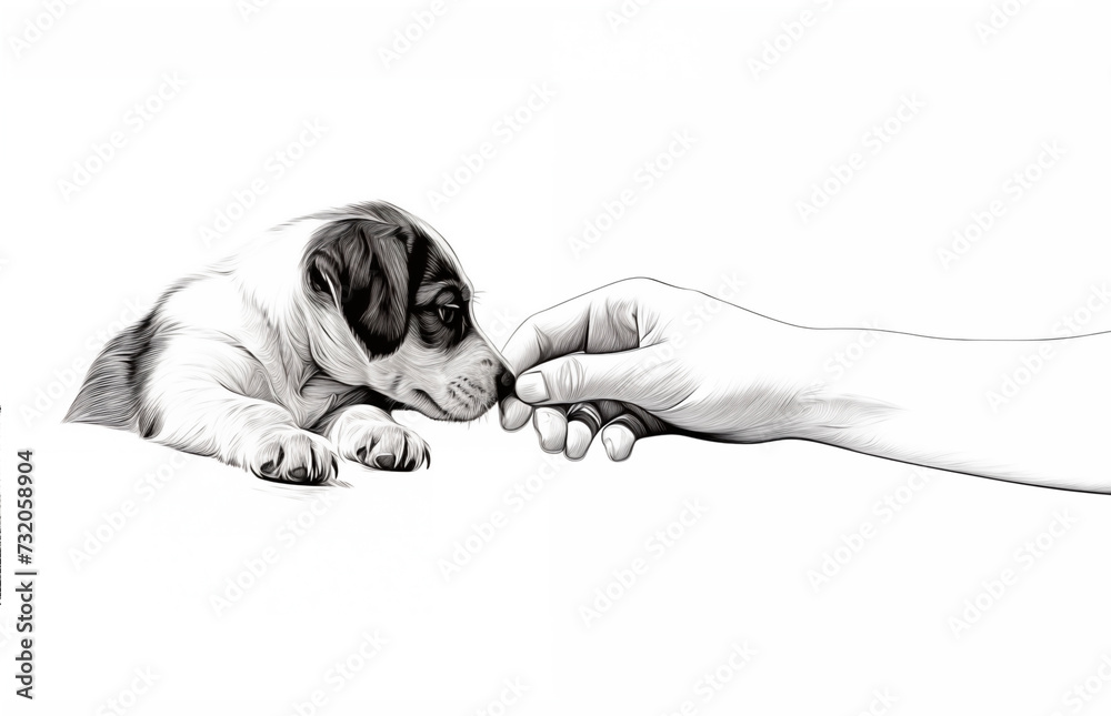 Drawing of a woman's hand and a small puppy. Black and white drawing of ...