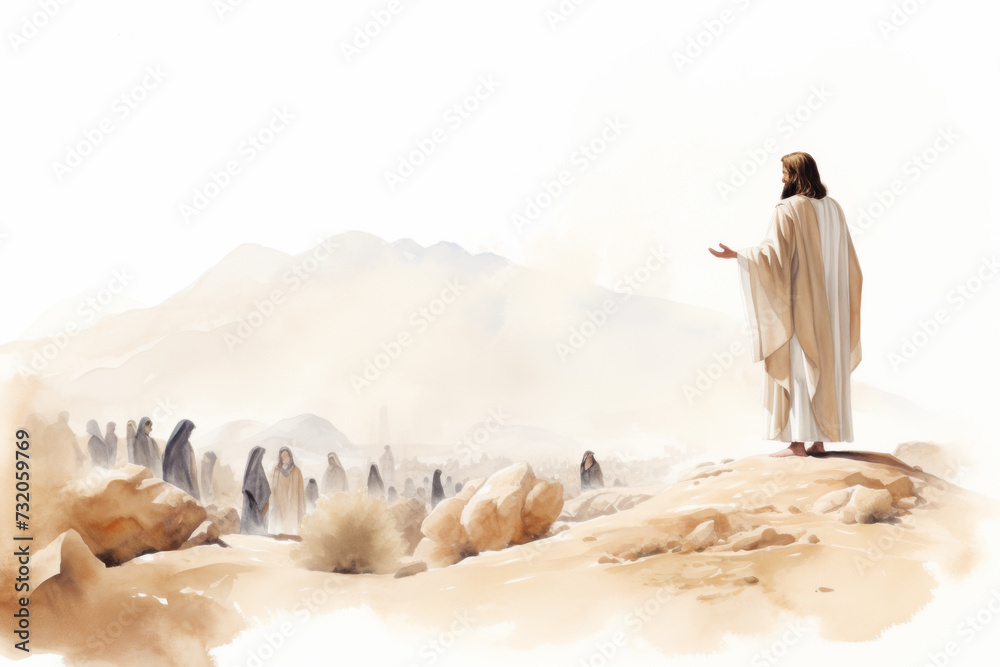 Jesus Christ Speaking to the Crowd Watercolor Illustration Stock ...