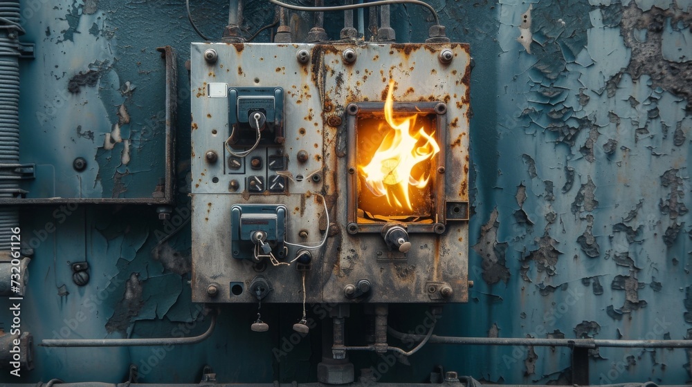 An aged, deteriorating electrical panel with a dangerous fire burning ...