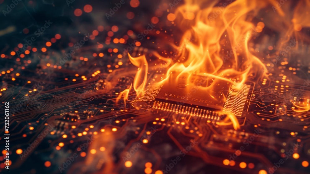 An intense image of a microprocessor chip overheating with flames ...