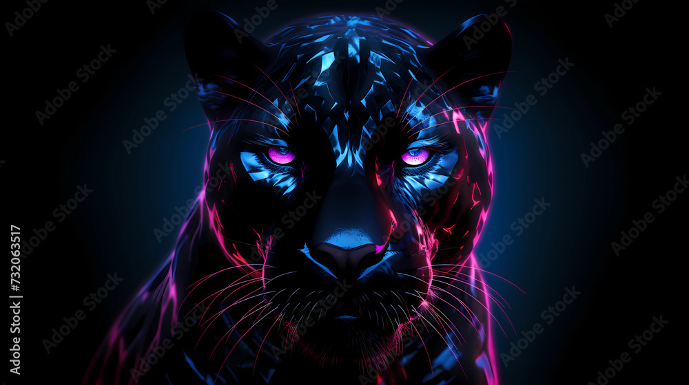 Black Panther Animal Plexus Neon Black Background Digital Desktop Wallpaper HD 4k Network Light Glowing Laser Motion Bright Abstract 732063517 Obraz na p otnie
