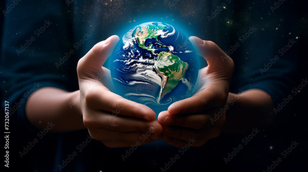 Hands cradling a glowing Earth in a protective gesture, surrounded by ...