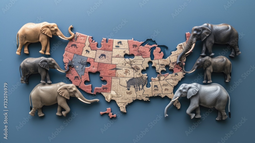 artistic composition featuring a United States map puzzle with several ...