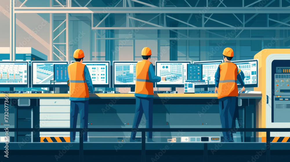 A group of workers monitoring computer screens and operating control ...