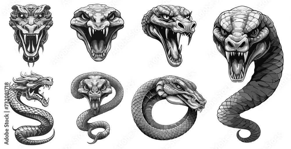 Snake tattoo designs. Python viper cobra doodle etching, vector retro ...