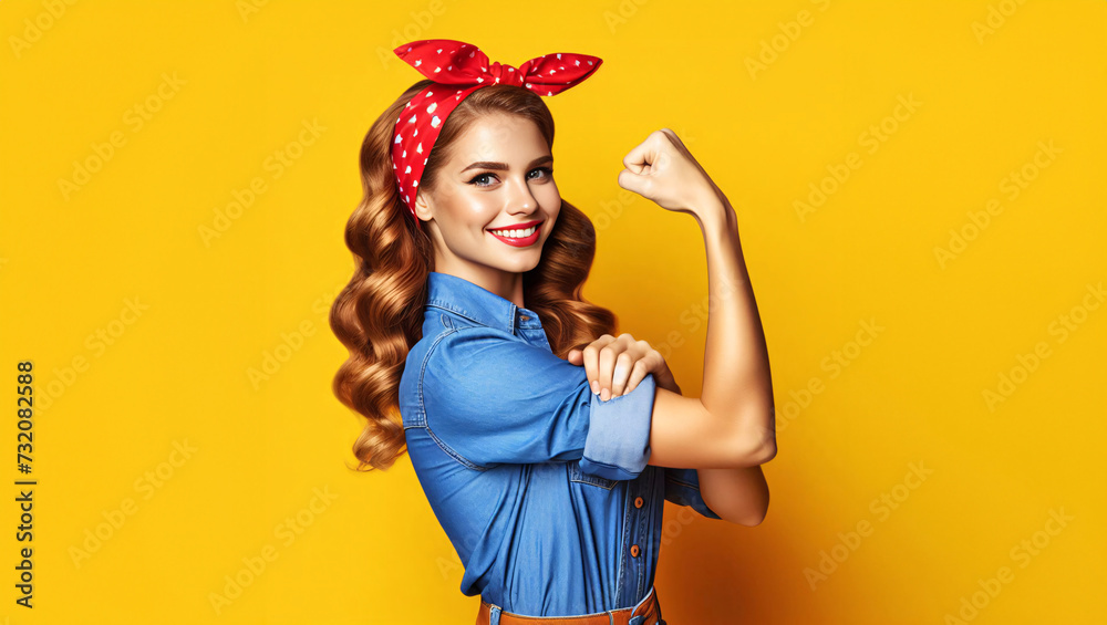 Girl next door type model dressed as Rosie the Riveter, flexing her ...