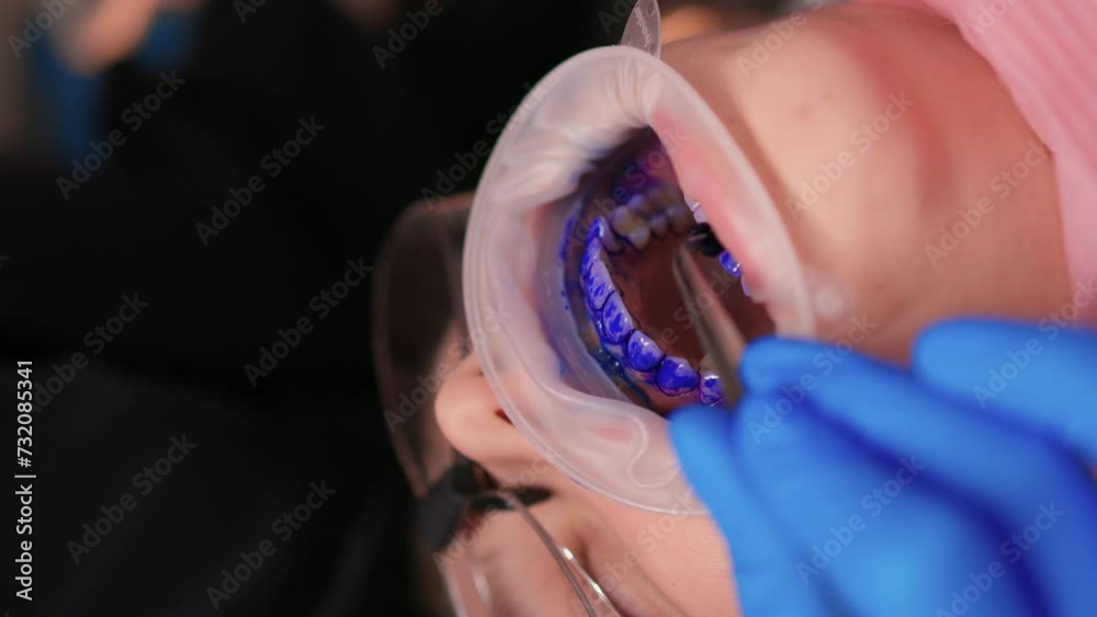 Plaque indicator on human teeth with braces. Plaque is colored pink ...