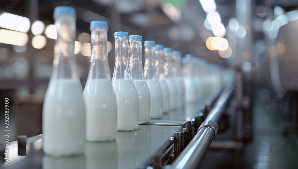Row of milk bottles on a conveyor belt at a dairy processing plant ...
