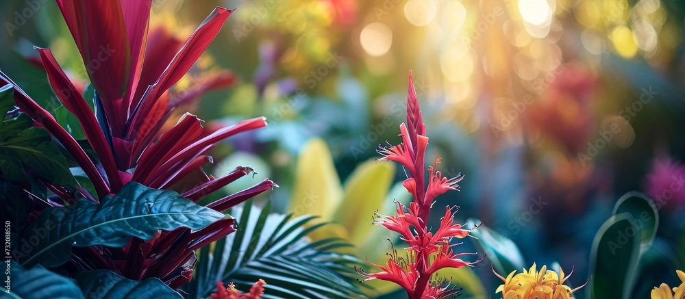 The picture showcases a diverse array of plants and flowers, including ...