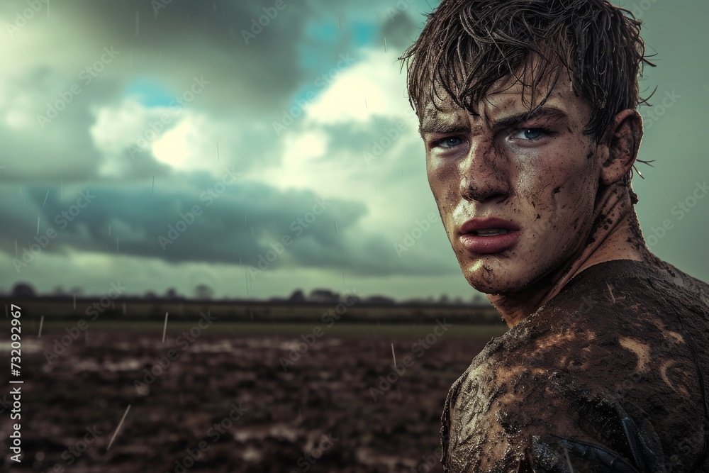 A rugged man stands amidst the rolling clouds and vast fields, his face ...