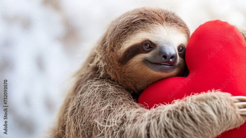 A furry mammal, the sloth, stands among the outdoor foliage, tenderly ...