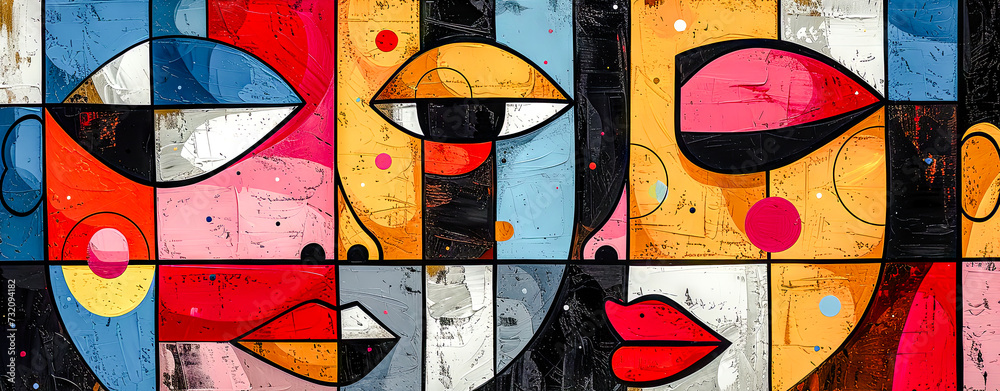 abstract painting with geometric forms figurative drawings retro ...