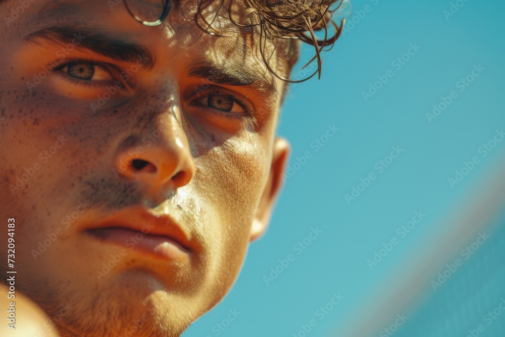 The intense gaze of a rugged man, his furrowed brow and defined jawline ...