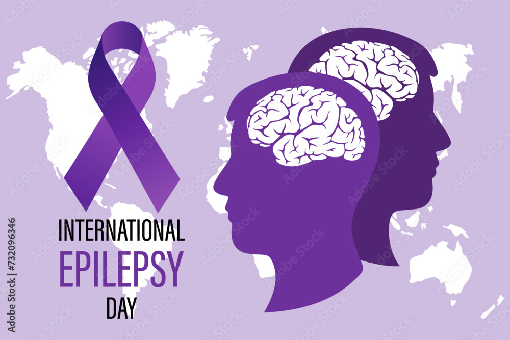 World Epilepsy Day. Human silhouette, brain and purple ribbon on the ...