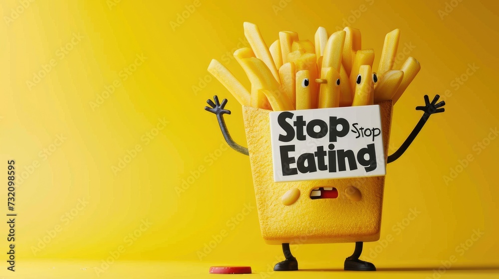 Whimsical plea: cartoon characters, fast food holding a sign 'Stop ...