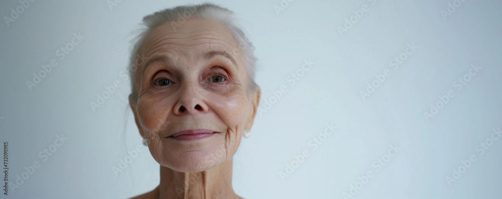 Senior woman in 70s with gaunt sick face with grey thin hair, pensioner ...