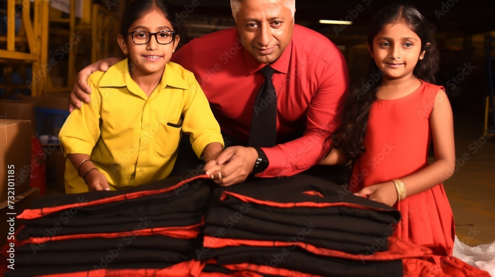 indian family packing clothes in warehouse - focus on woman and man ...
