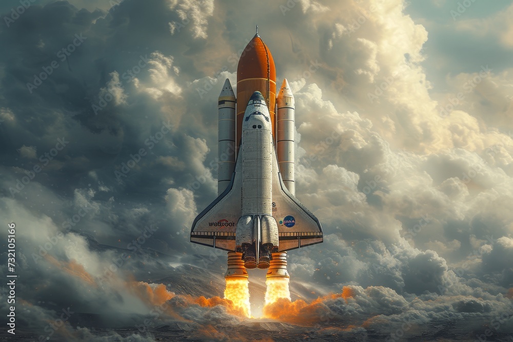A majestic space shuttle soars through the sky, propelled by a powerful ...
