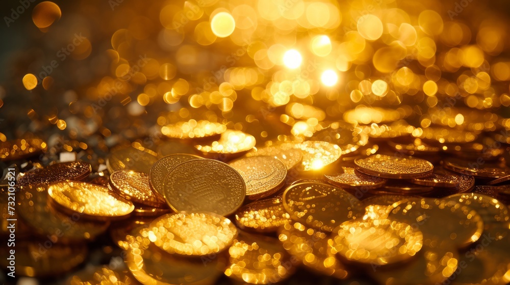 Sparkling gold coins spread out, glowing treasure hoard Stock ...