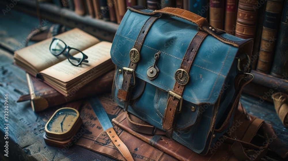 Academic items arrayed around a vibrant satchel, study-ready layout ...