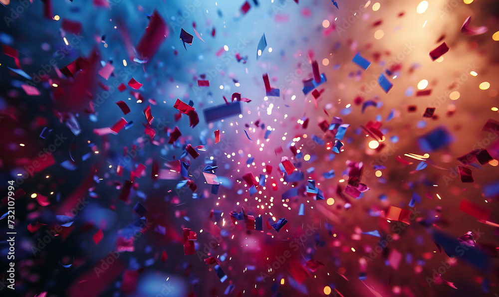 An explosion of colored confetti in the colors red and blue symbolizing ...