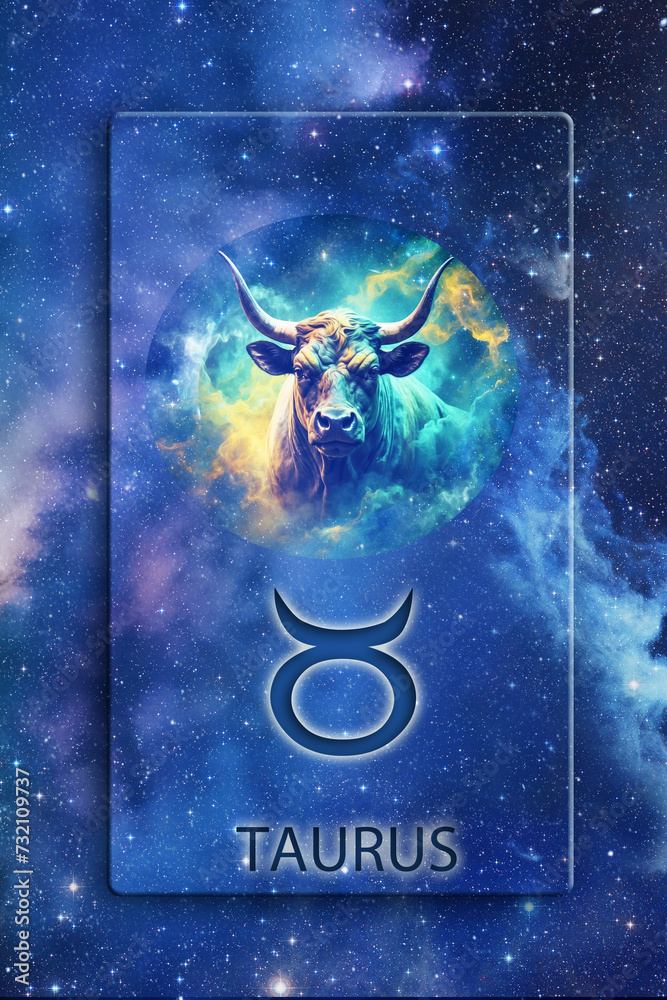 zodiac picture of Taurus , astrological symbol and name over blue space ...
