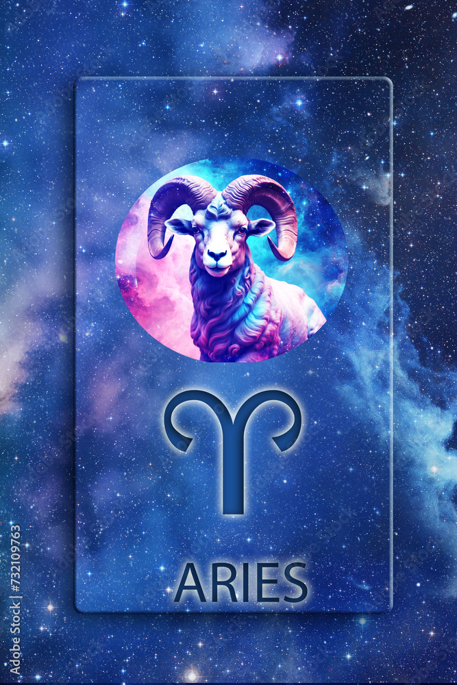 zodiac picture of Aries, astrological symbol and name over blue space ...
