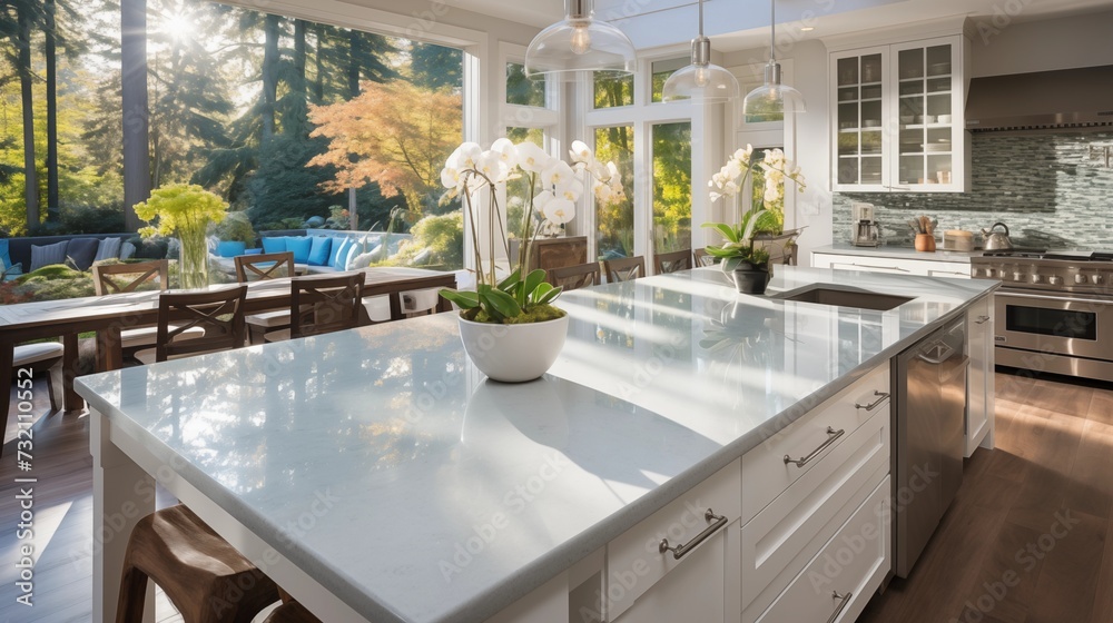 kitchen with countertops made from recycled glass, gleaming in the ...