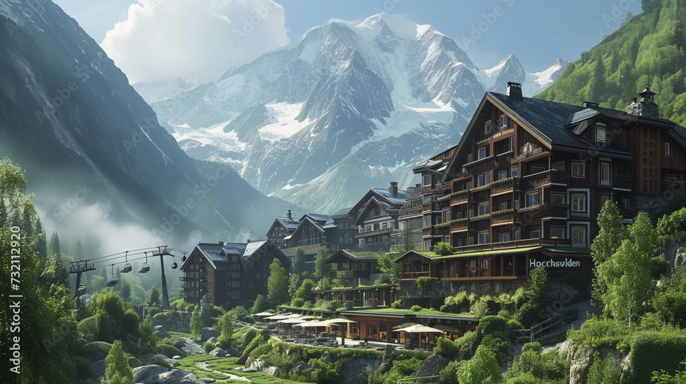 Charming Alpine resort village with cozy wooden lodges nestled at the ...