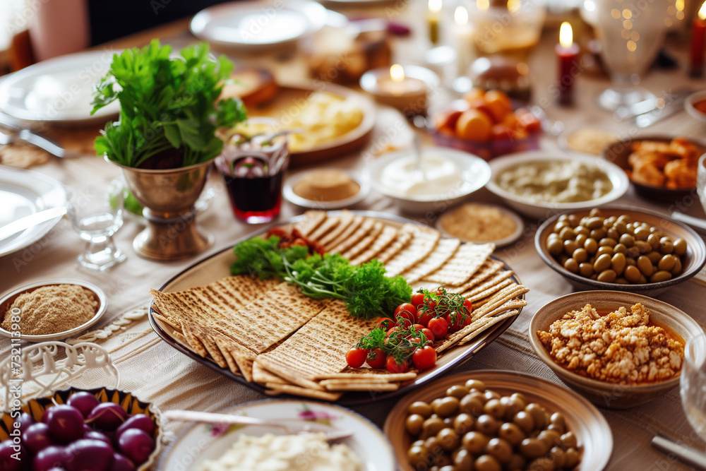 Passover table setting with a traditional Passover seder plate with ...
