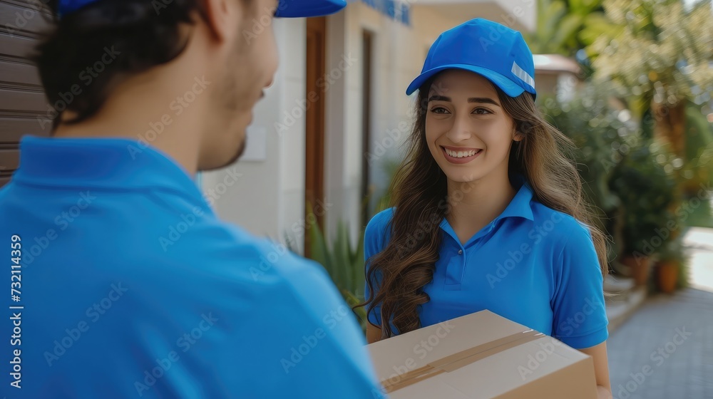Beautiful Young Woman receiving parcel from blue uniform delivery man f ...