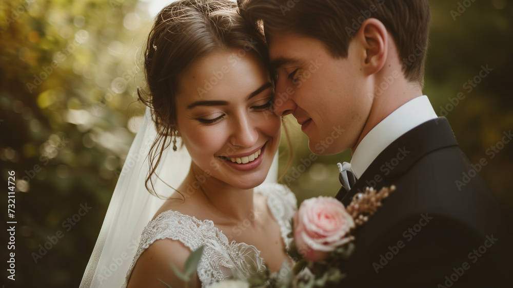 Amidst the soft, golden glow of the setting sun, the bride and groom ...