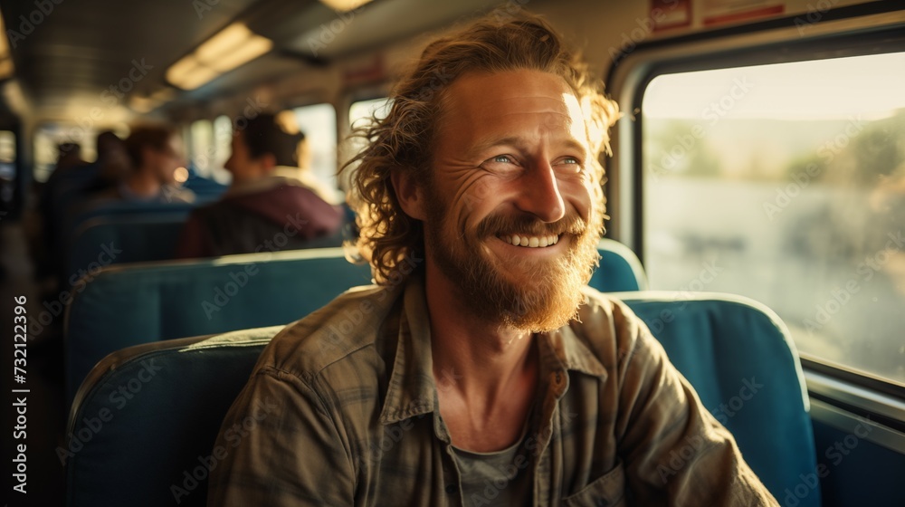Photograph of a smiling man sitting in a train/bus. Man traveling with ...