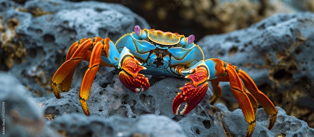 A vibrant decapod crustacean, known as a crab, perches on a rock. This ...