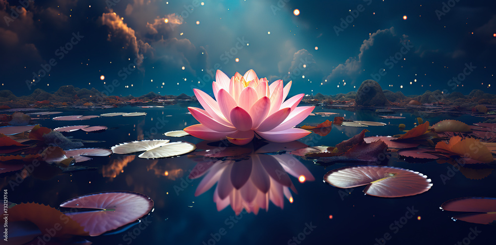 Illustration of Pink lotus flowers in the middle of a pond, surrounded ...