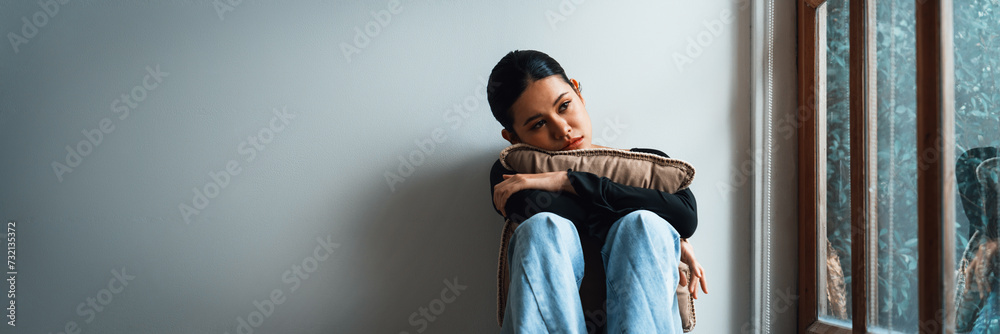 Depressed young Asian woman with mental health problem in mind need ...