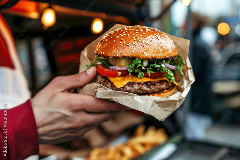 A man of a street food seller handing over a delicious burger that he ...