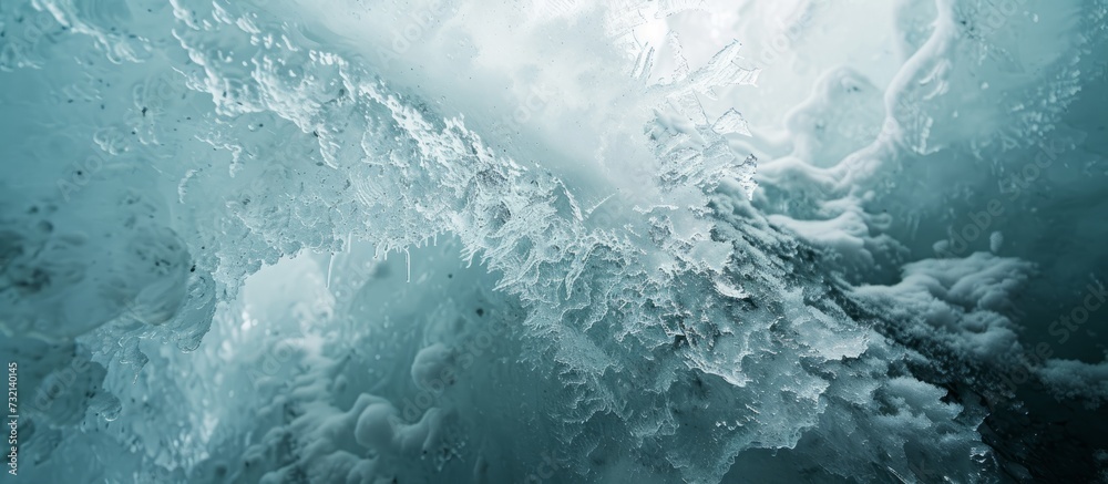 A detailed view of frozen water in a cave, formed through the process ...