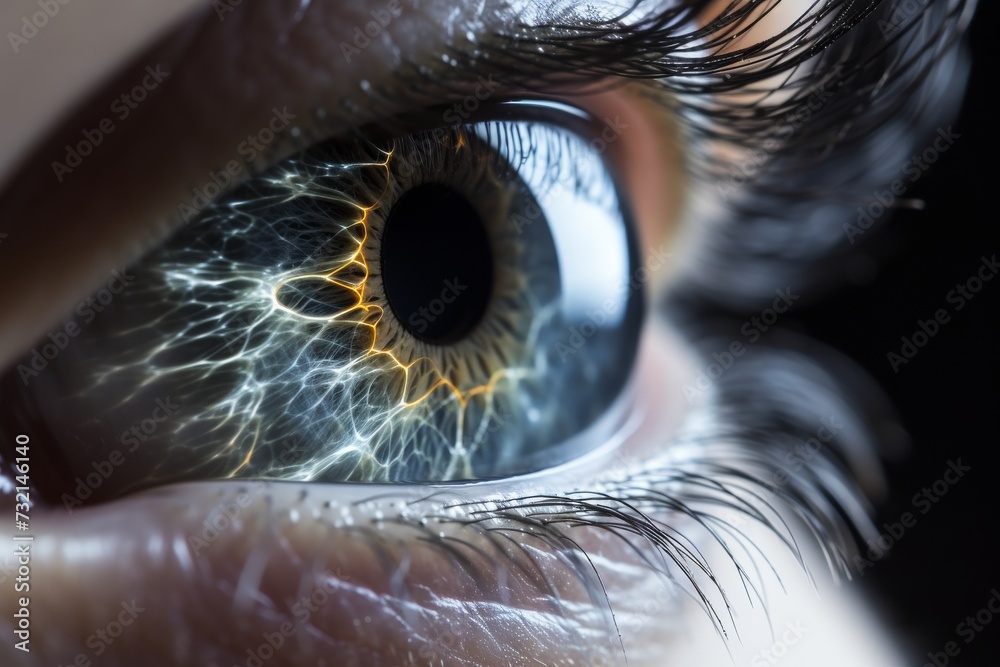 Human Cyborg AI Eye optic nerve atrophy. Eye eyebrow optic nerve lens ...