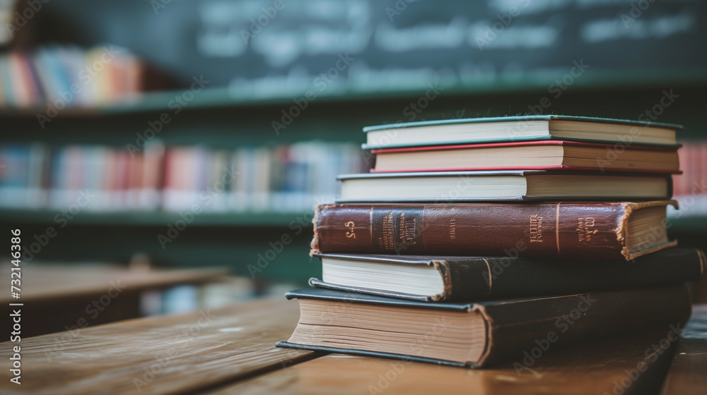 Books stack on school desk and bookshelf in classroom on background ...