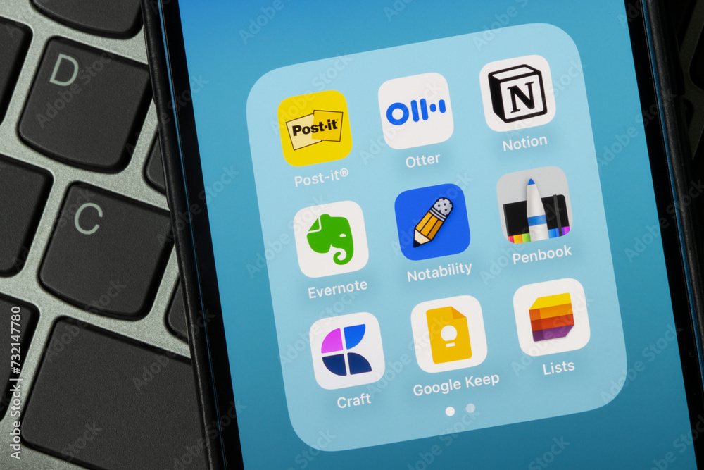 Portland, OR, USA - Feb 9, 2024: Assorted note-taking apps are seen on ...