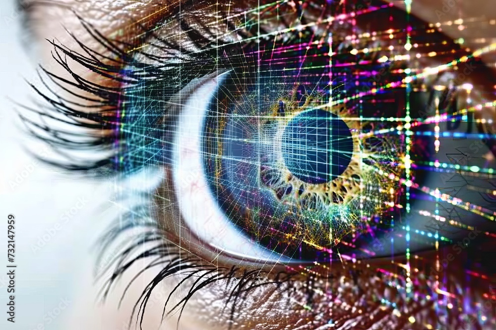 Ilustrace „Human Cyborg AI Eye hyperopia. Eye retinal diseases ...