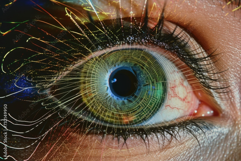 ภาพประกอบสต็อก Human Cyborg AI Eye lens power calculation. Eye aqueous ...