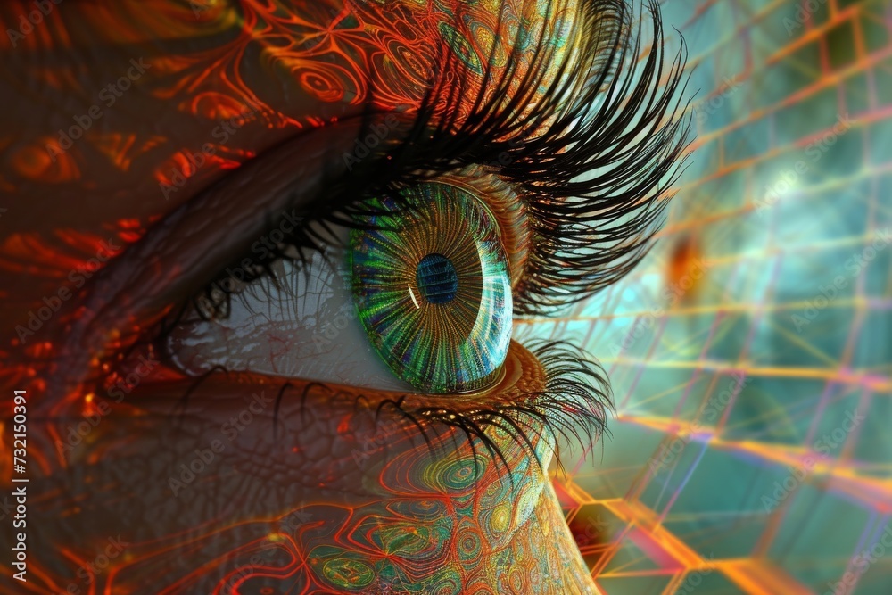 Human Cyborg AI Eye retinitis pigmentosa. Eye closeup optic nerve lens ...
