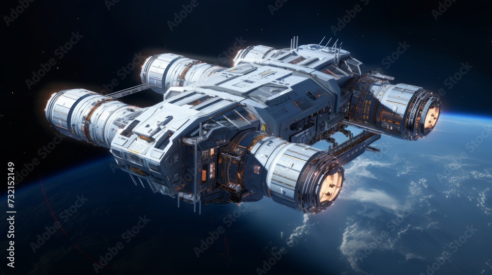 Space station. Cargo spaceship on orbit of planet Earth. Neural network ...