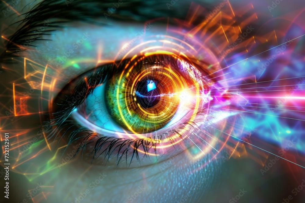 Human Cyborg AI Eye lens epithelial cell. Eye ophthalmology optic nerve ...