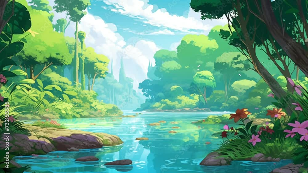 Animated illustration of a natural river with beautiful mountain views ...