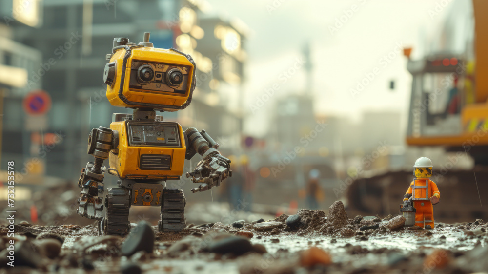 sci fi robot engineer and a man inspection construction work with a ...