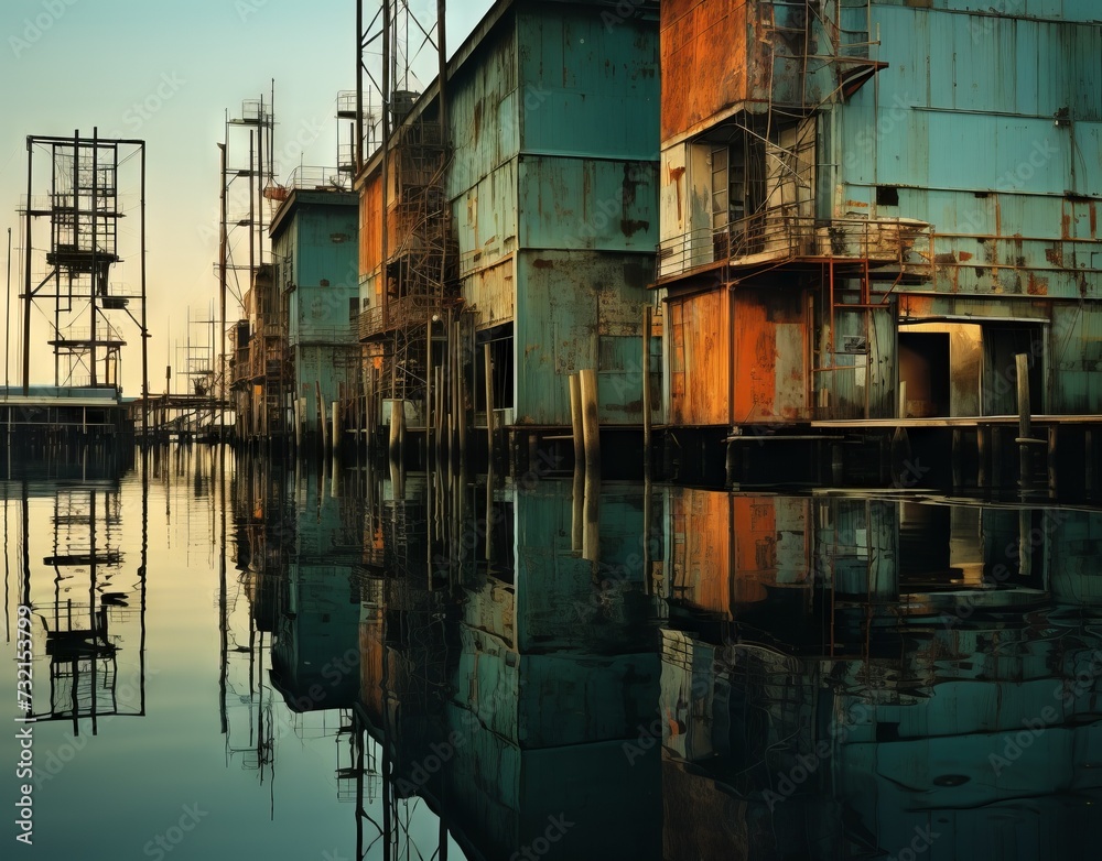 Outdoor color daytime photograph of rusting industrial buildings along ...